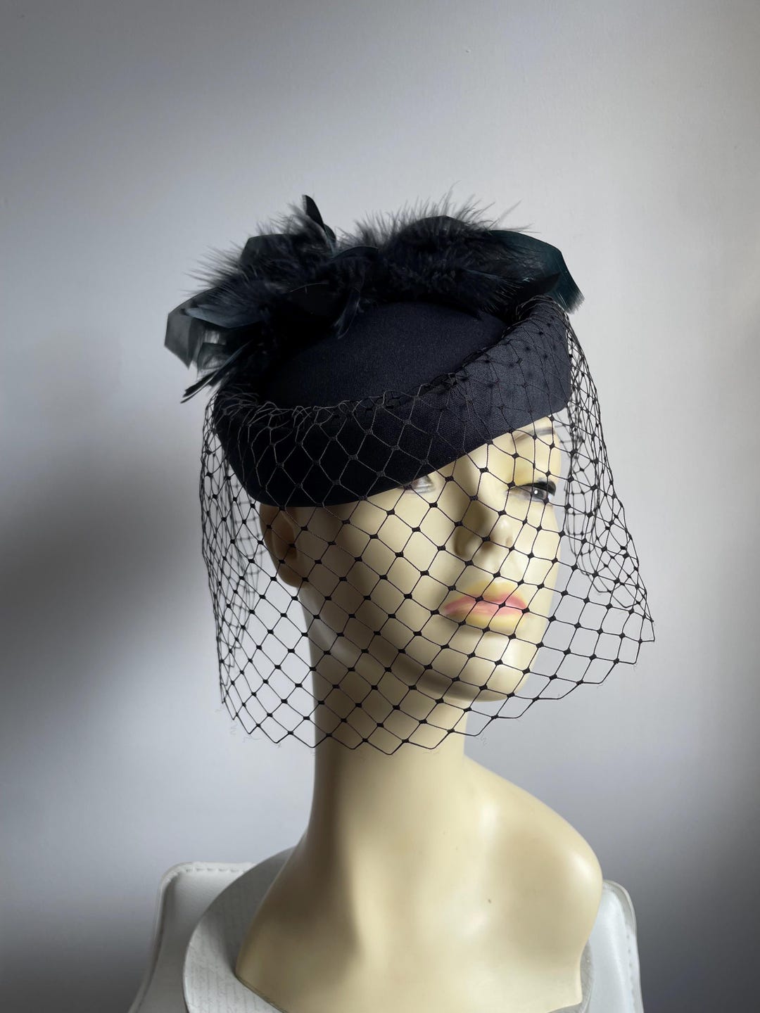 Vintage Black Pillbox Hat Cocktail Hat by Headways by Albert With Face ...
