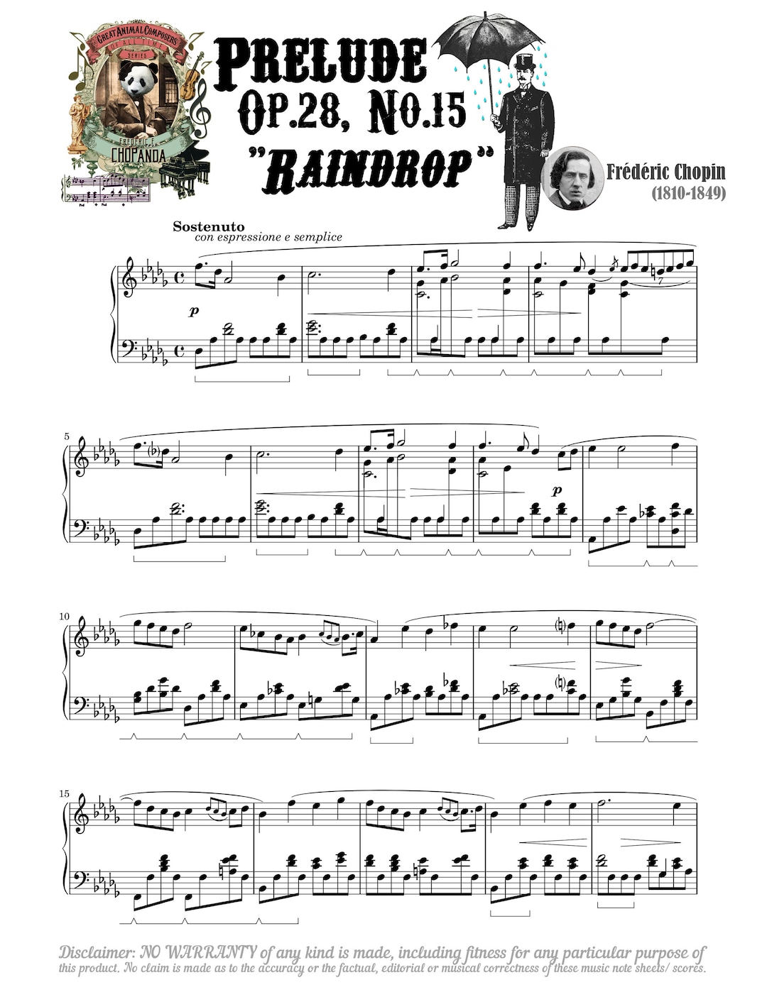 Chopin Piano Music Sheets - Prelude "raindrop" Op. 28, No. 15 - Etsy