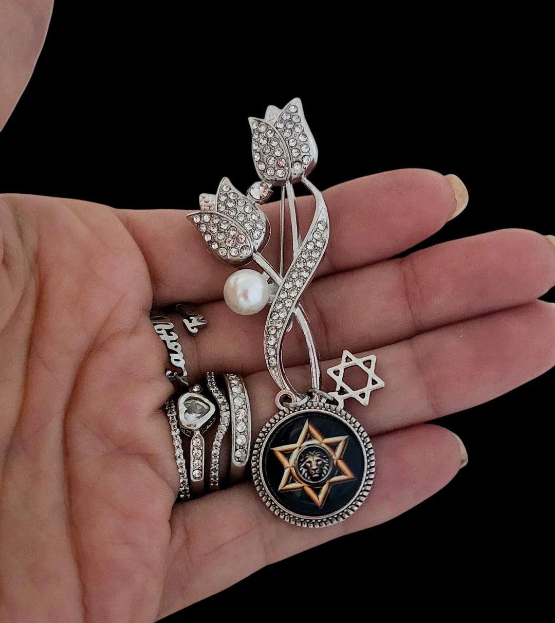 Lady's Jewish Star of David Brooch Pinwith Lion of Judah, Hebrew ...