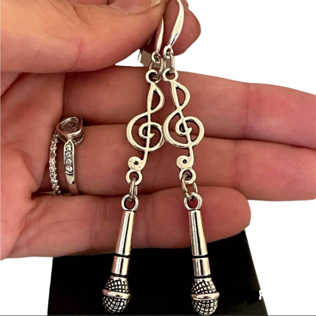 Silver Microphone Music Clef Note Earrings and Necklace Jewelry Gift ...