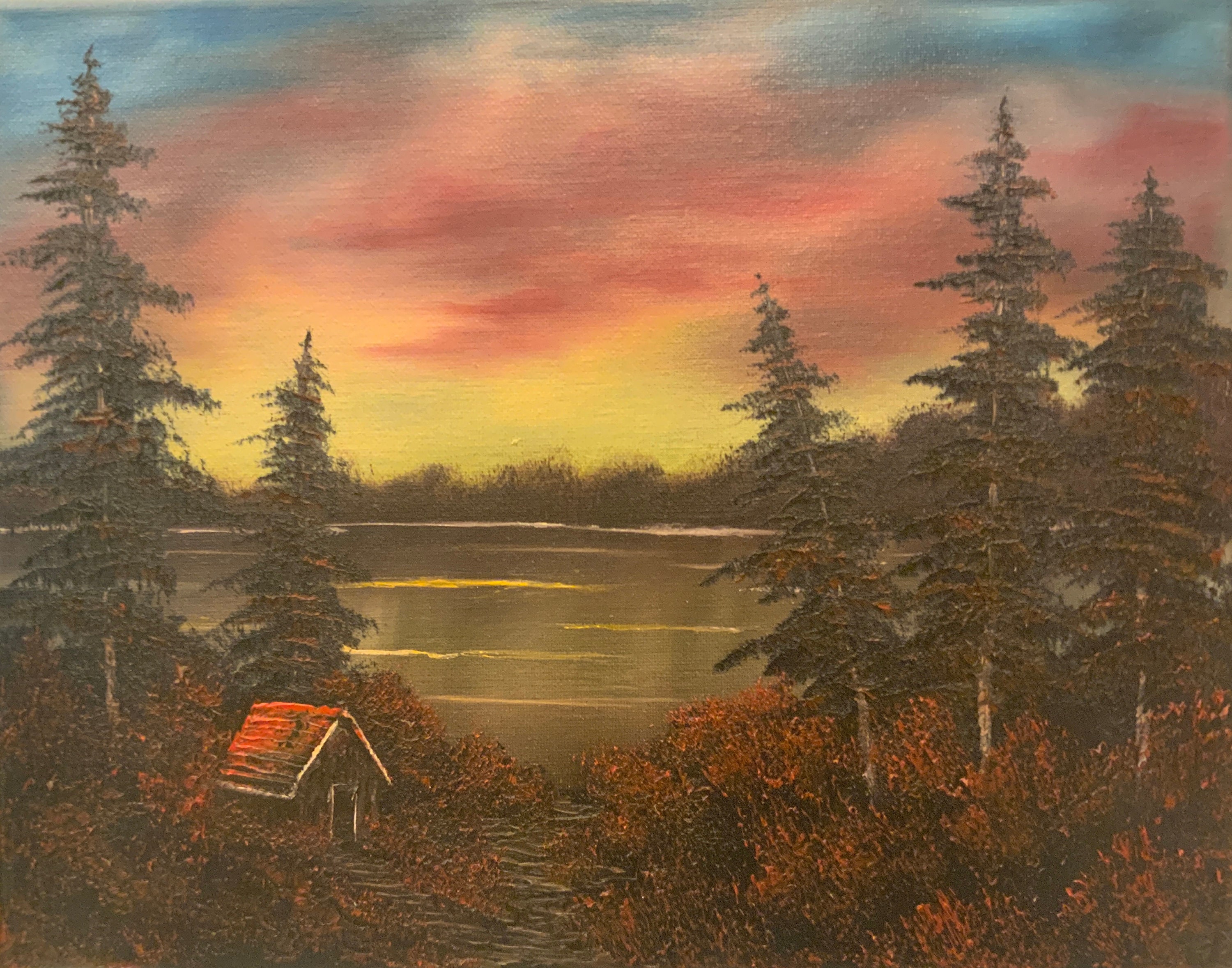 Bob Ross® Inspired "red Sunset" Oil on Canvas - Etsy
