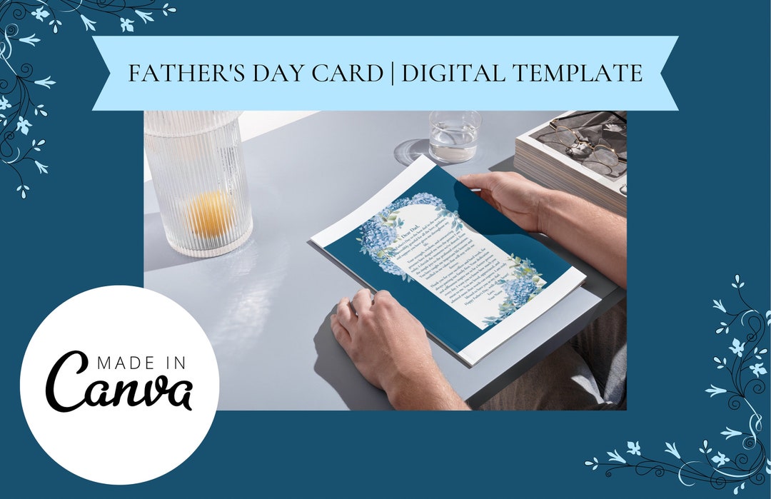Digital Father's Day Card Template Blue Floral Minimalistic Design - Etsy