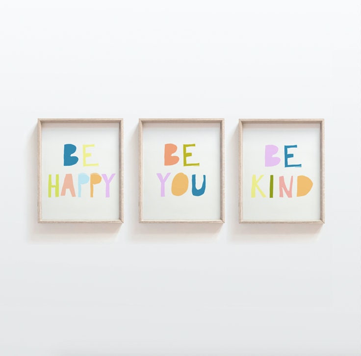 Pastel Rainbow Wall Art Set of Three Be Happy Print Be Kind | Etsy