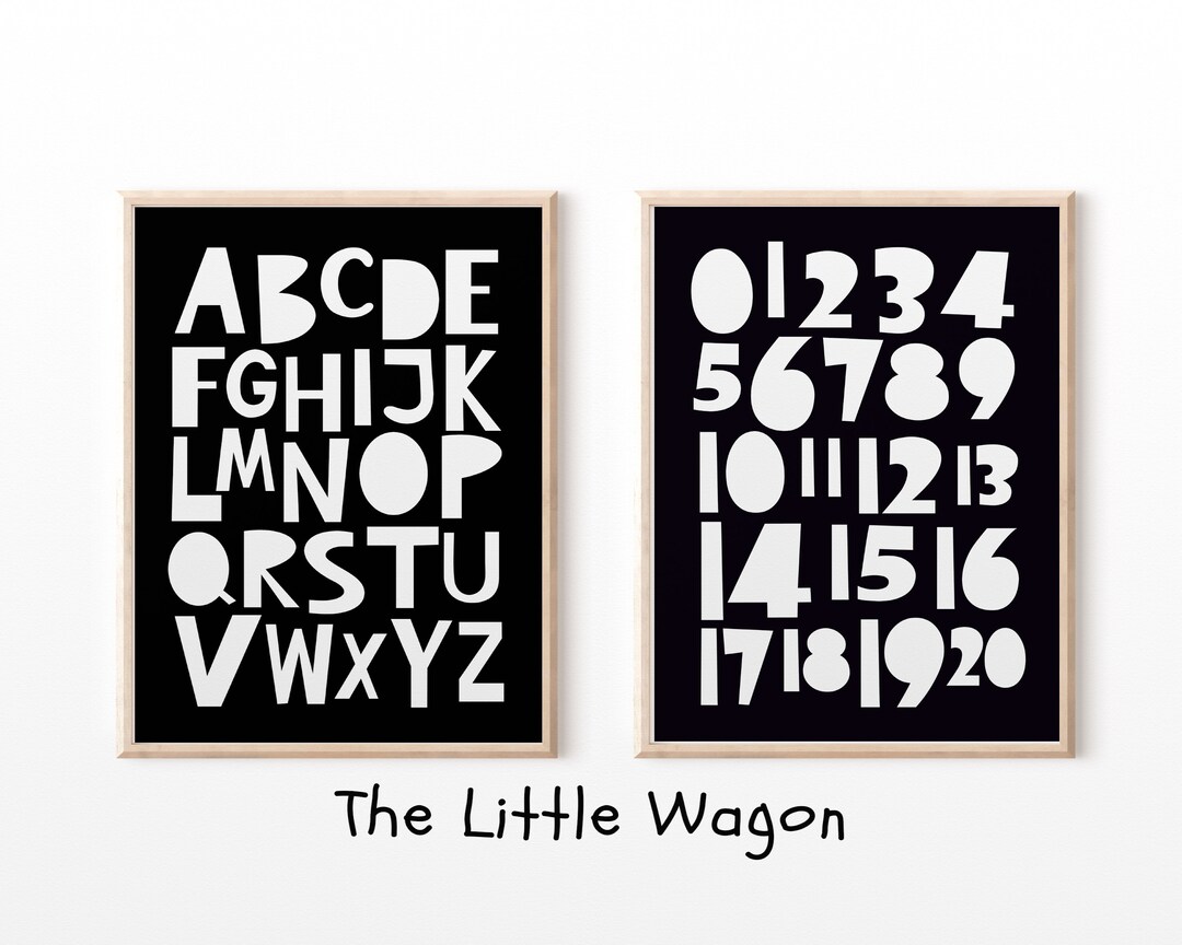Set of Two Kids Prints, Monochrome, Black Alphabet Print, Numbers Wall ...