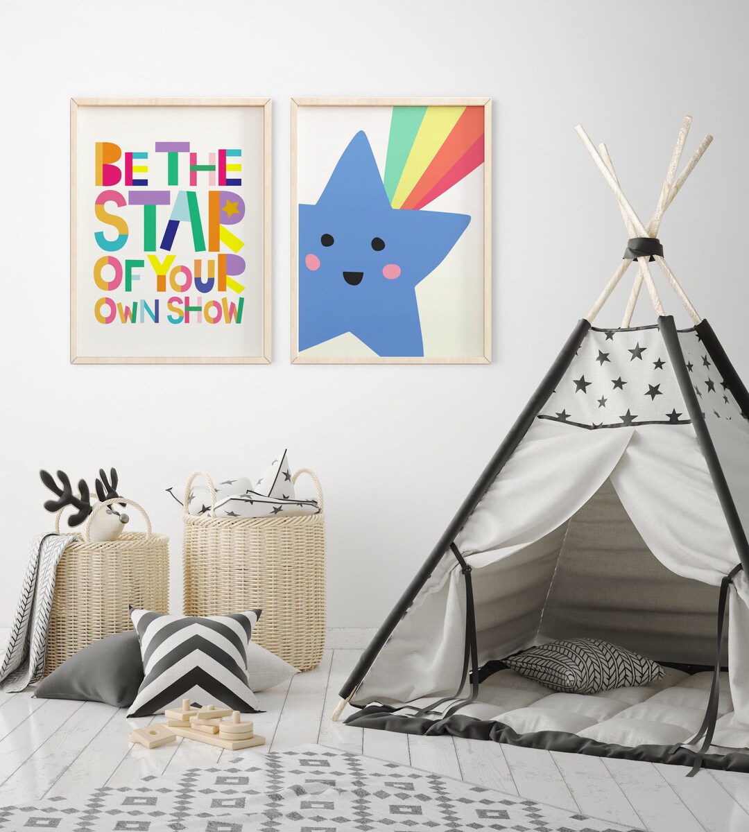 Set of Two Kids Room Art, Shooting Star Print, Star Decor, Star Wall ...