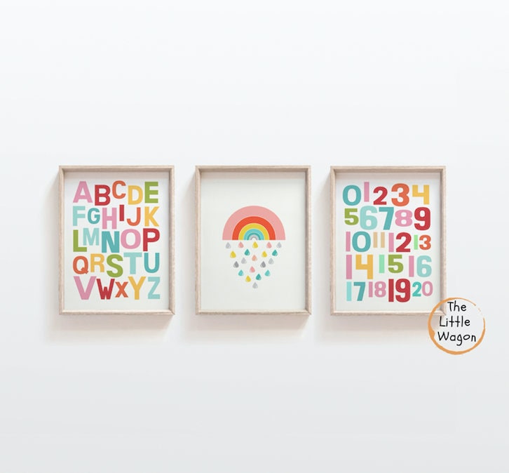 Kids Room Art Alphabet Set of 3 Prints Rainbow Nursery Wall - Etsy