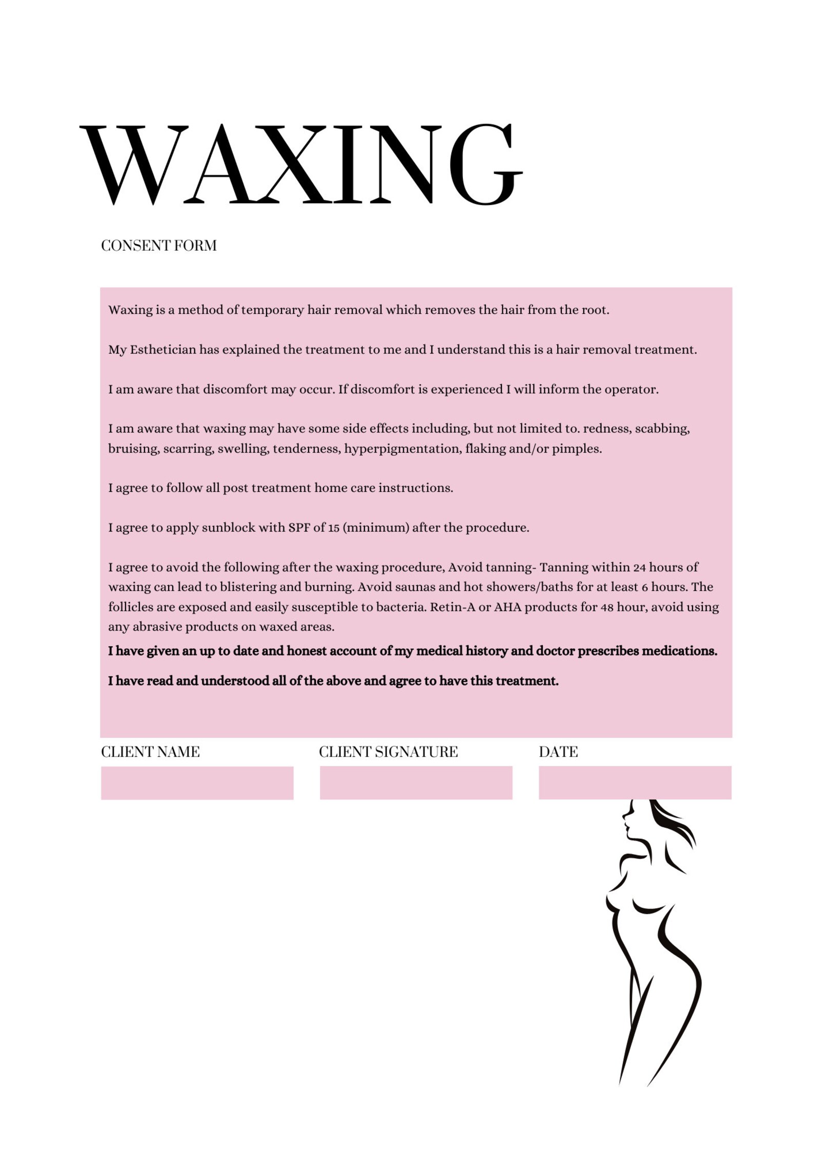 Waxing Consultation Forms Client Record Waxining Consent Waver Forms - Etsy