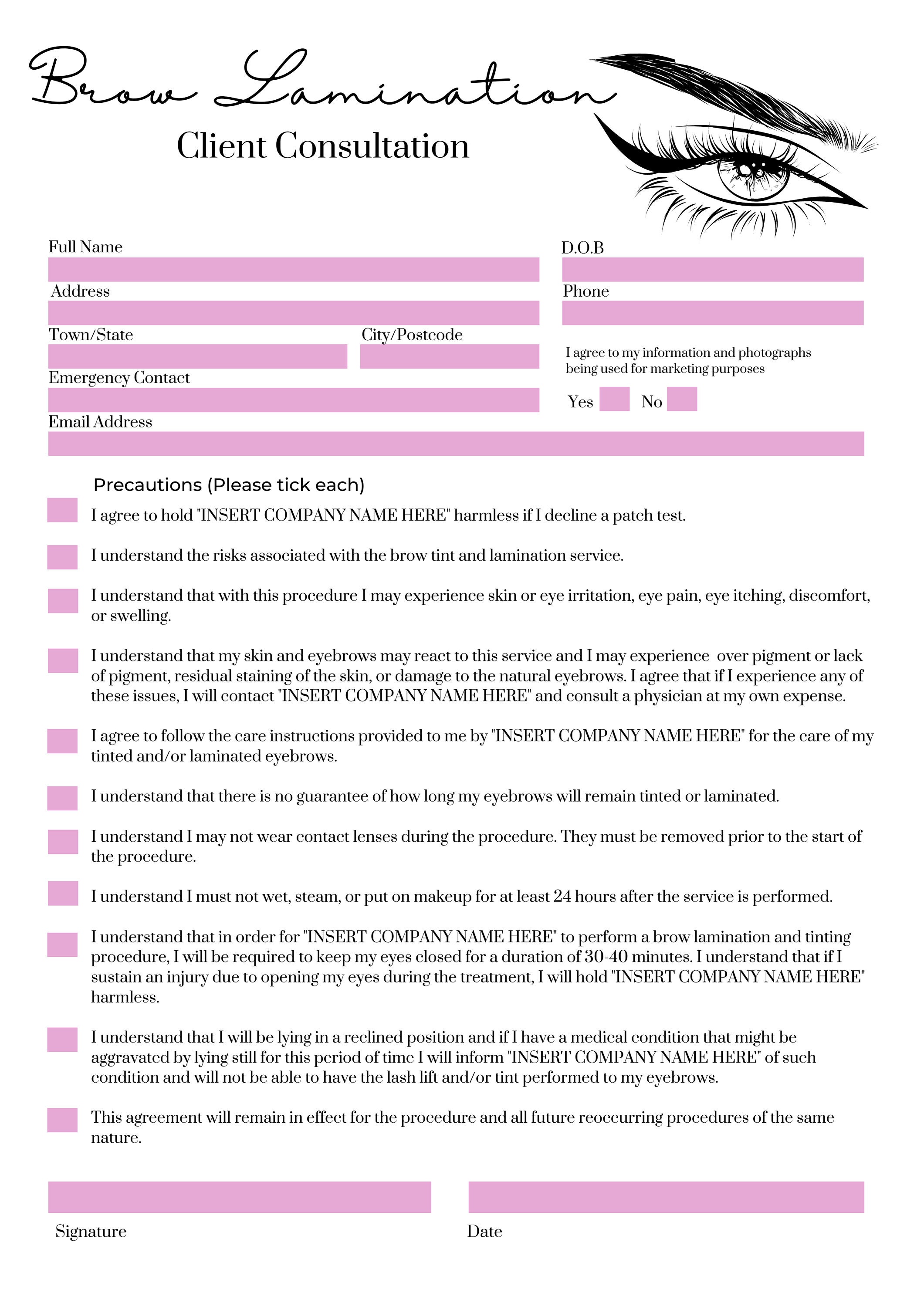 Editable Brow Client Consultation Form: Henna, Tint, Lamination (PDF ...