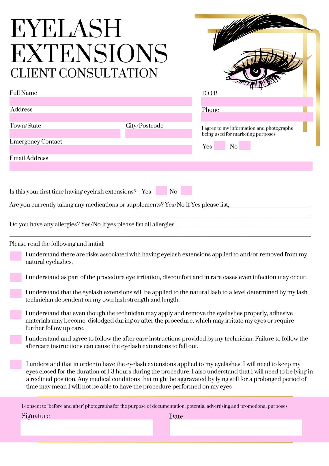 Lash Consultation Form PDF Download, Canva Forms , Eyelash Extensions ...