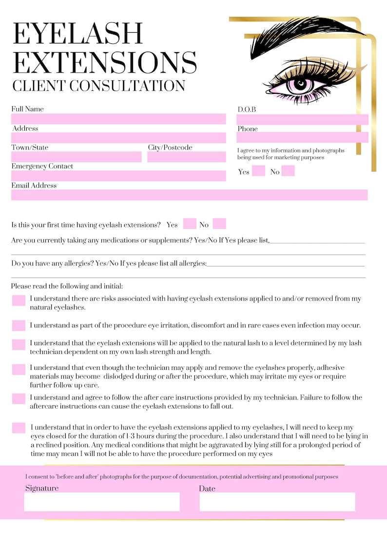 Lash Consultation Form PDF Download, Canva Forms , Eyelash Extensions ...