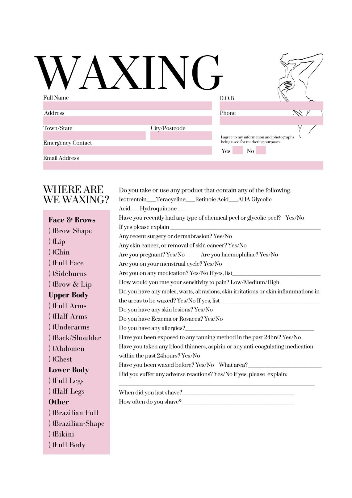 Waxing Consultation Forms Client Record Waxining Consent Waver Forms - Etsy