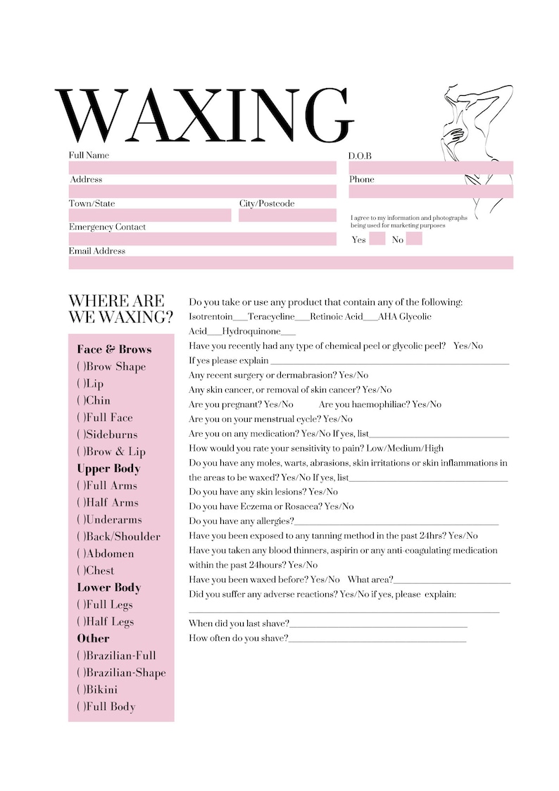 Waxing Consultation Forms Client Record Waxining Consent Waver Forms - Etsy