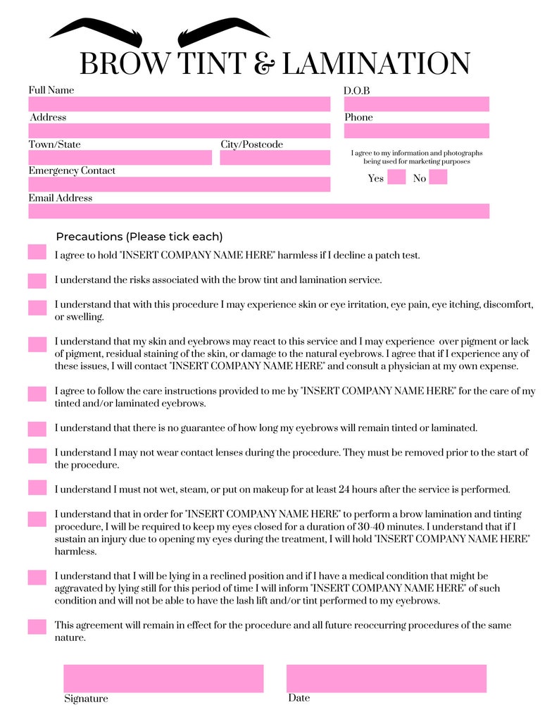 Eyebrow Client Forms for Lamination and Tint Client Consent - Etsy