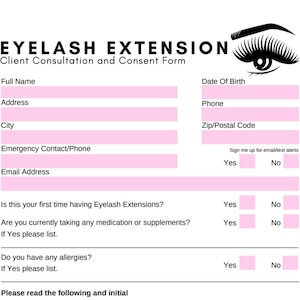 Eyelash Policy Form for Client Consultations Editable Client Record ...
