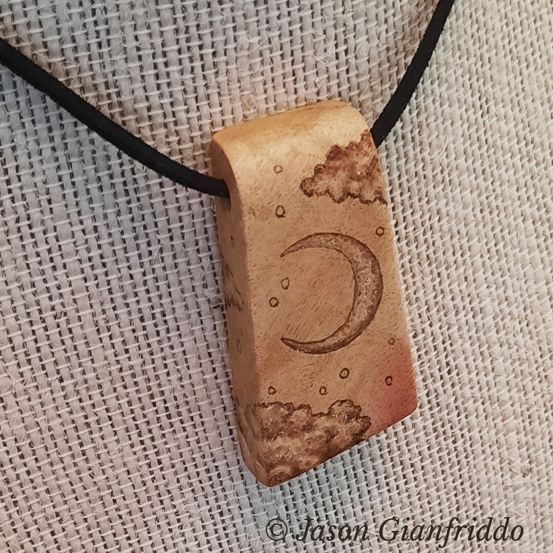 Crescent Moon and Clouds Pyrography Pendant - Handmade Wood Jewelry ...