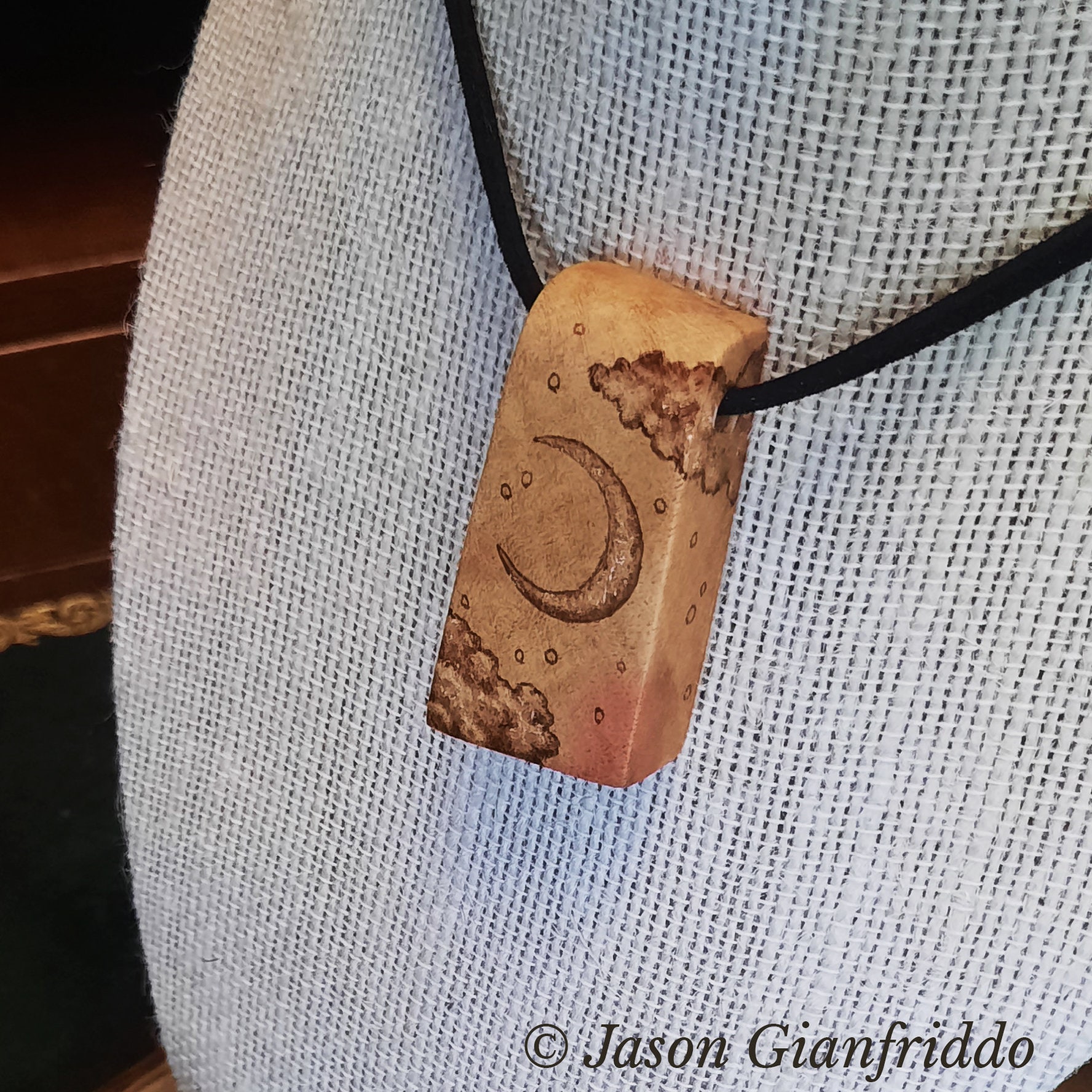 Crescent Moon and Clouds Pyrography Pendant Handmade Wood Jewelry ...
