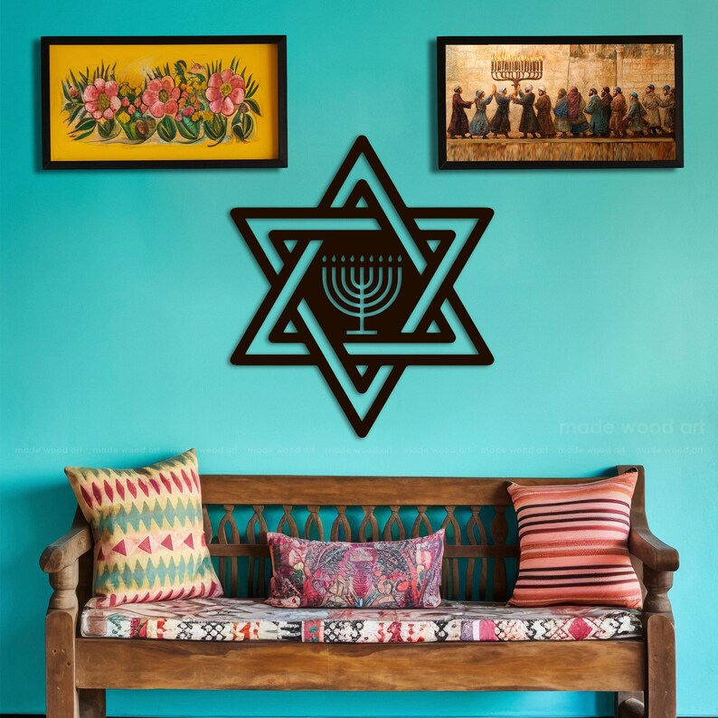 Davidster houten muur kunst, heilige geometrie, menora kunst, Chanoeka ...