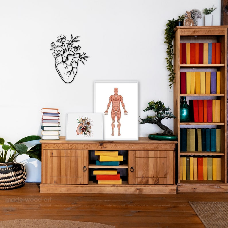 Anatomical Heart and Flowers, Anatomy Art, Wood Wall Decor ...