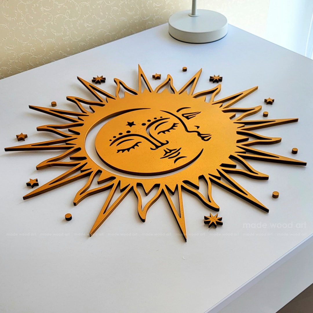 Sun and Moon Wall Art, Gold Sun Wood Wall Decor, Outdoor Sun Wall ...