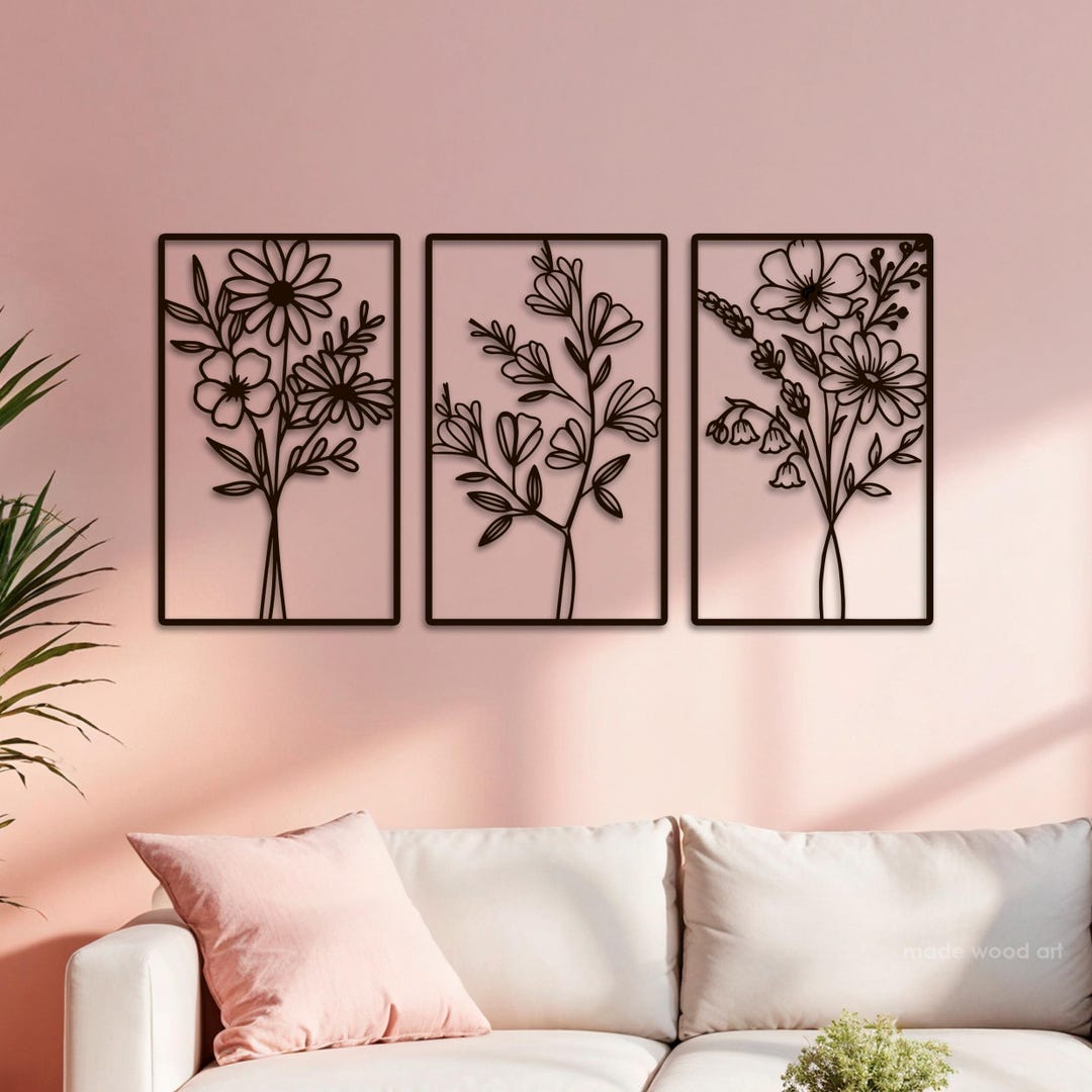 Wooden Triptych Wall Art, Flower Line Art, Large 3 Piece Decor ...