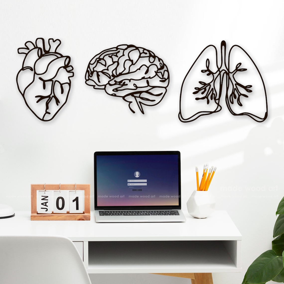 Medical Wood Art, Triptych Office Decor, Anatomical Heart Brain Lungs ...