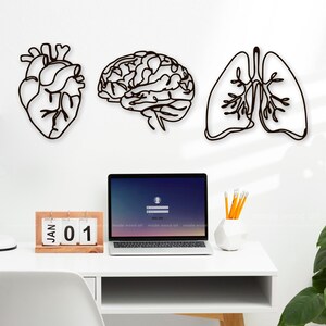 Medical Wood Art, Triptych Office Decor, Anatomical Heart Brain Lungs ...
