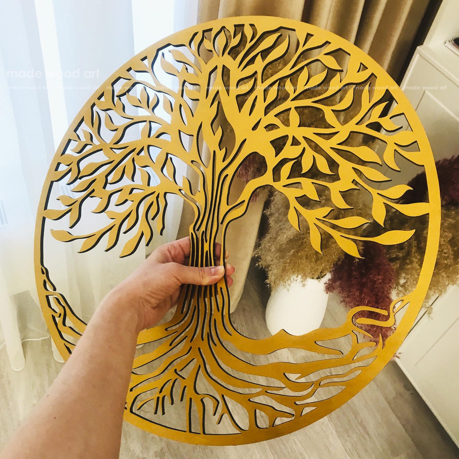 Gold Tree of Life Wall Art, Circular Wood Wall Decor, Family Tree Sign ...