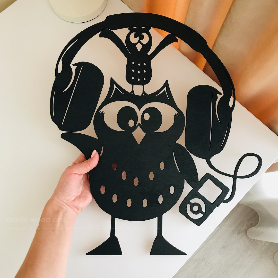 Music Wall Art, Wood Music Symbol, Headphone Sign, Owl Wall Hanging ...