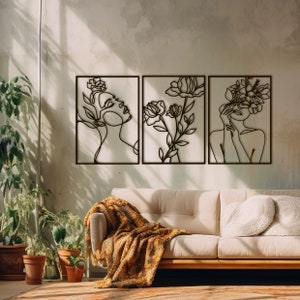 Triptych Wall Art, Minimalist Line Art, 3 Piece Wood Wall Decor ...