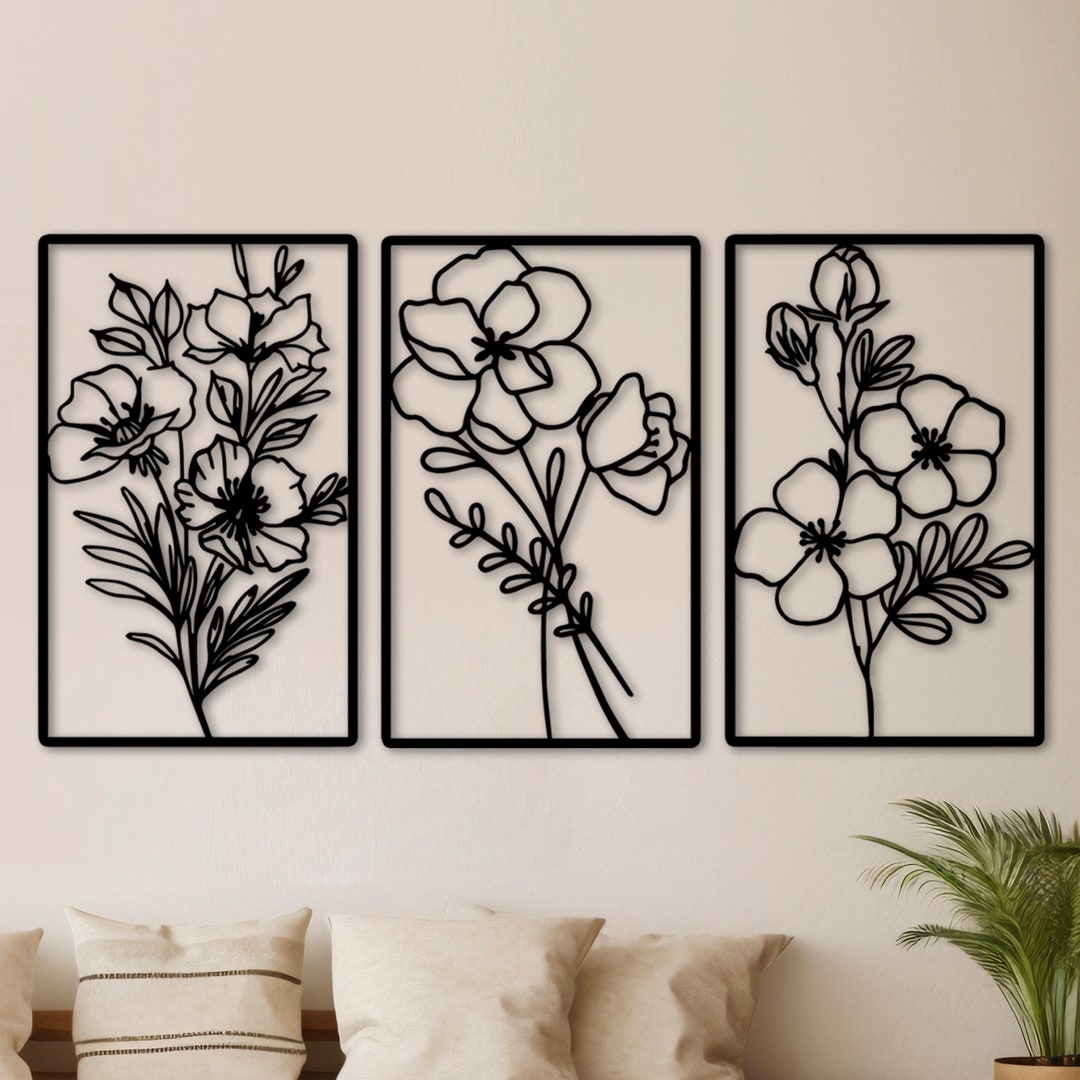Wood Triptych Wall Art, Flower Line Art, Large 3 Piece Decor ...