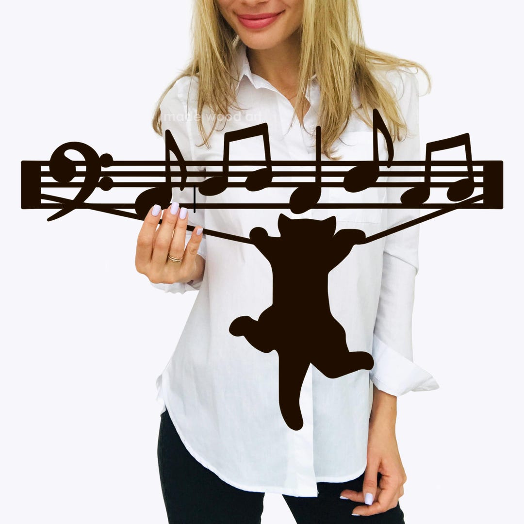 Music Theme Wall Art, Music Note Wood Decor, Cat Lover Gift, Living ...