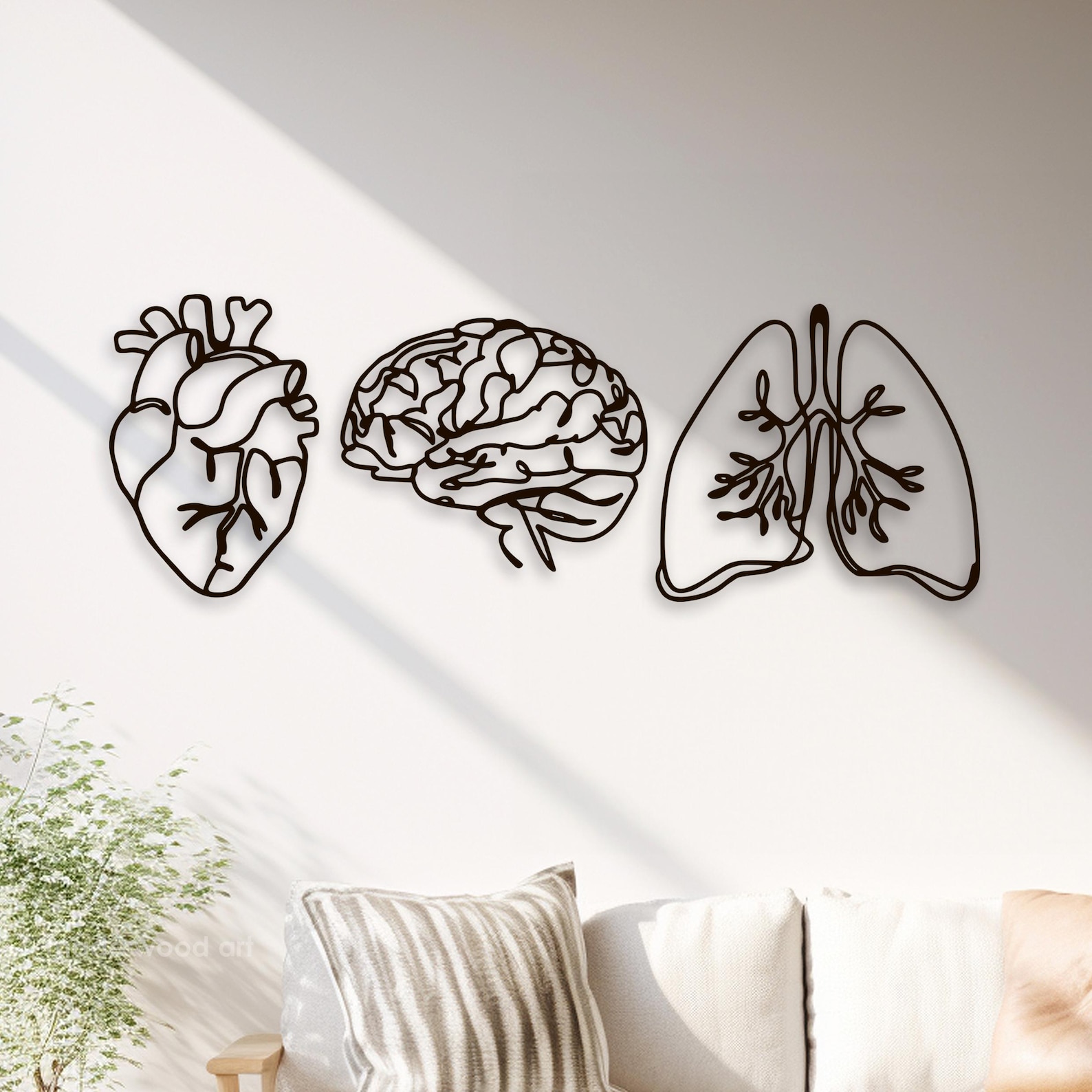 Medical Wood Art, Triptych Office Decor, Anatomical Heart Brain Lungs ...