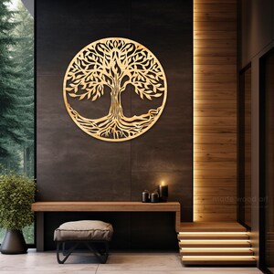 Gold Tree of Life Wall Art, Circular Wood Wall Decor, Family Tree Sign ...
