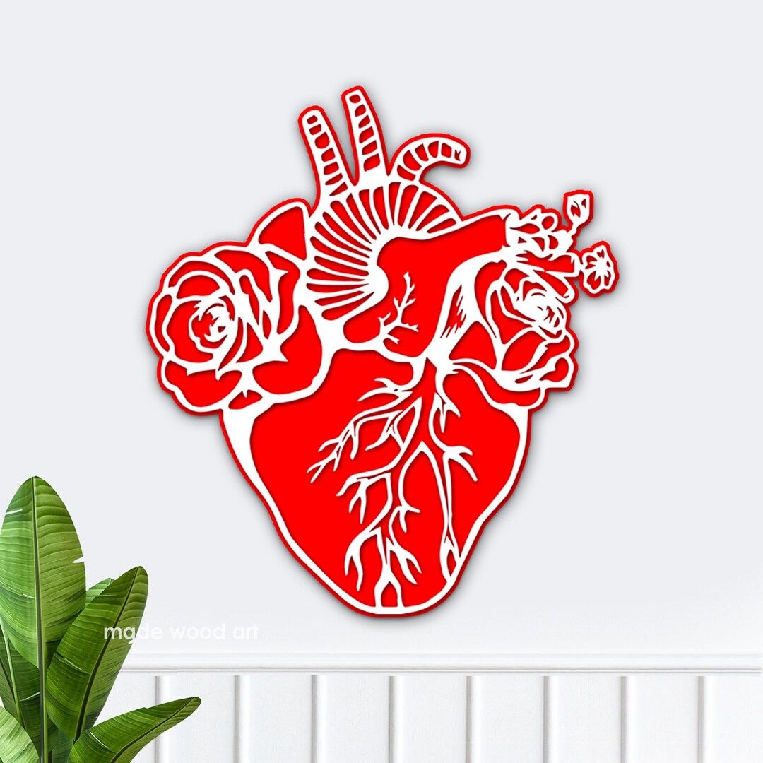 Anatomical Heart With Flowers, Wood Wall Art, 3d Medical Office Decor ...