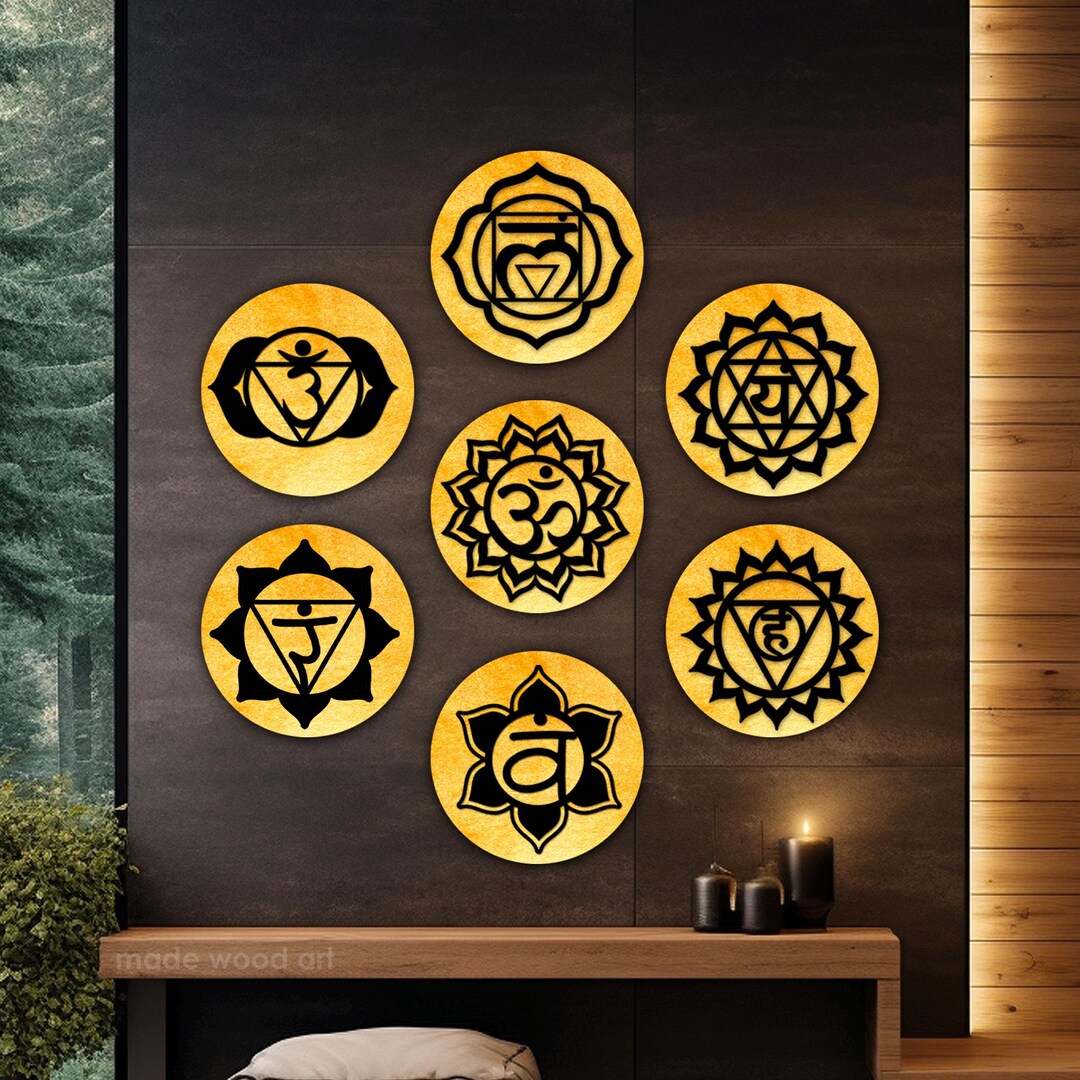 Wooden Set of Seven Chakras Wall Hanging, Mediation Room Decor, Om Wall ...