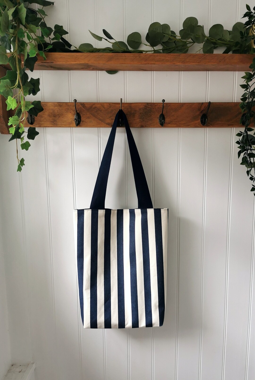 Large Sturdy Breton Striped Nautical Cotton Canvas Tote Bag in Navy ...