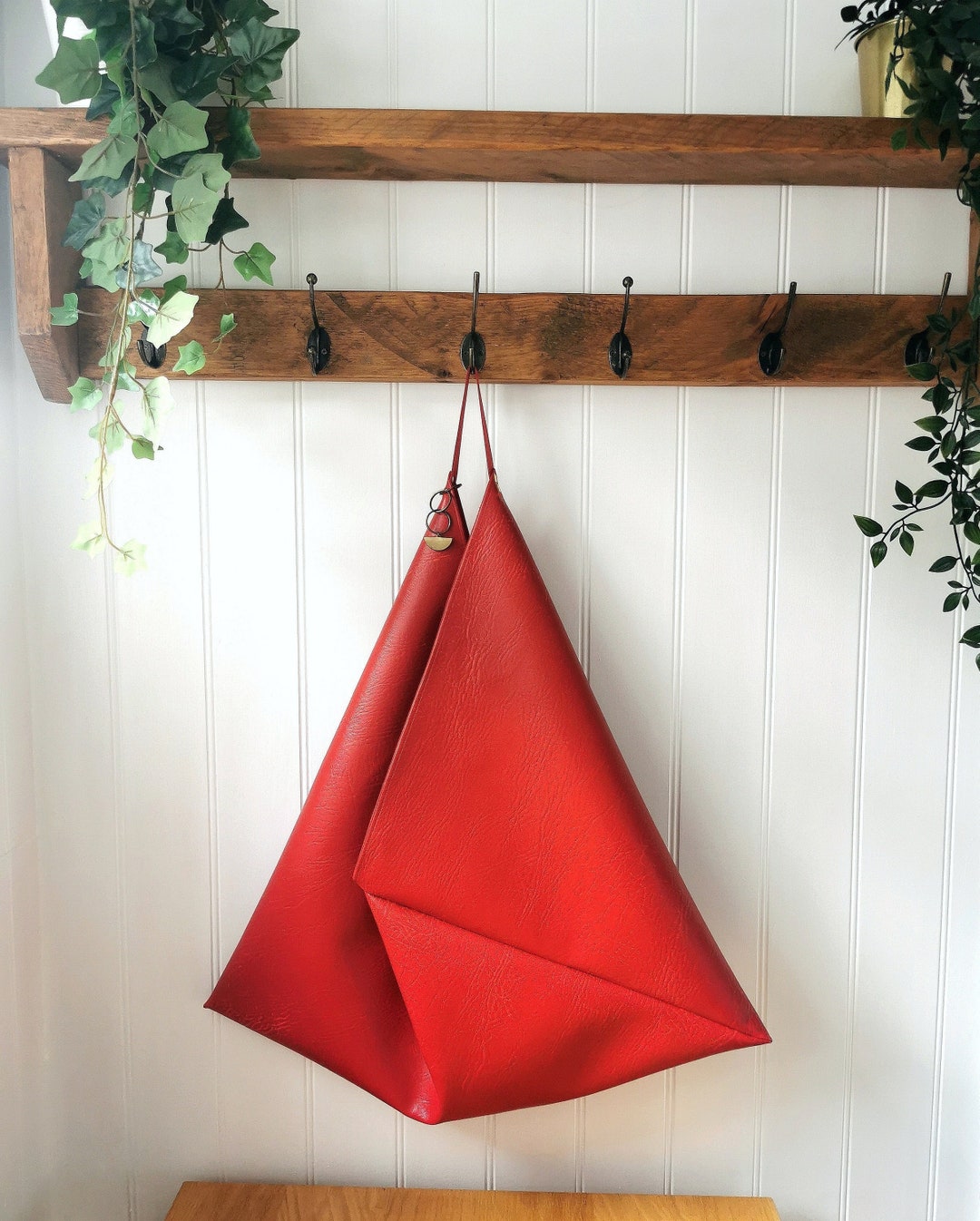 Bright Red Vegan Leather Origami Bag With Faux Suede Strap and Gold ...