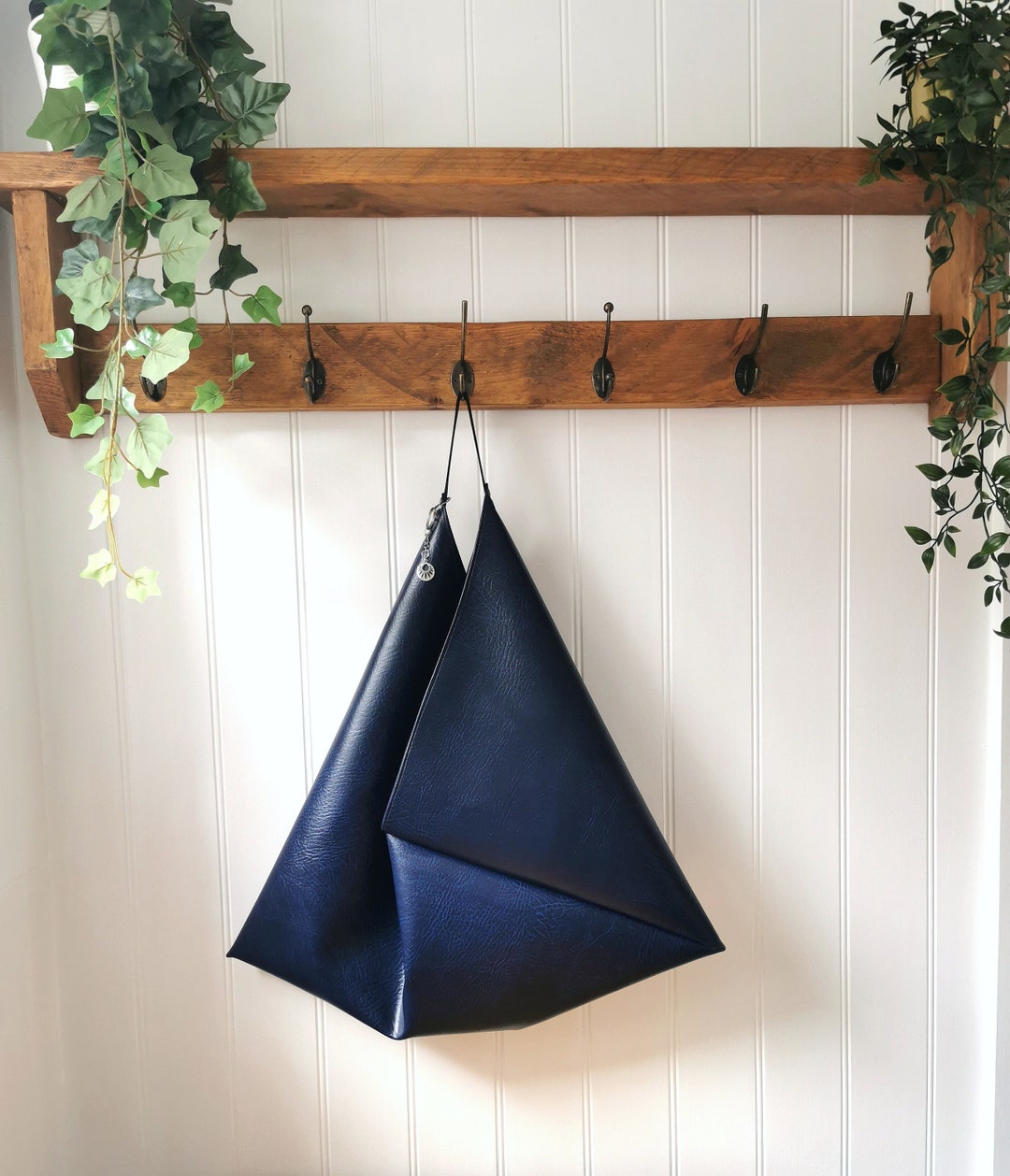 Navy Vegan Leather Origami Bag With Faux Suede Strap and Charm - Etsy