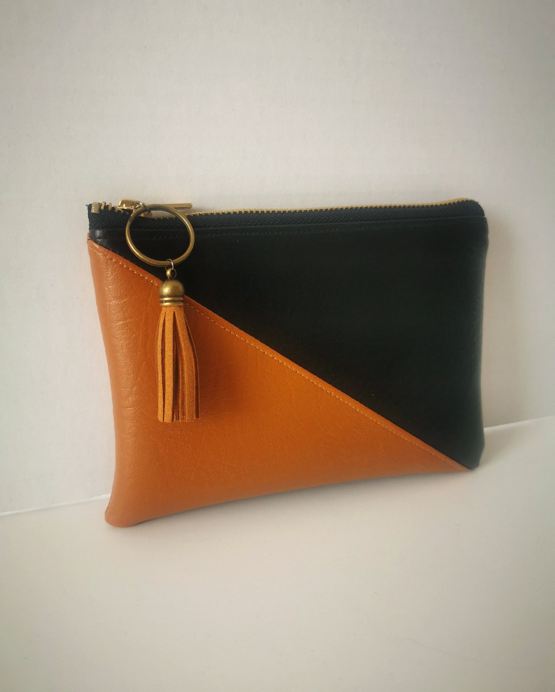Vegan Leather Asymmetric Two Tone Purse Pouch in Tan and Black - Etsy