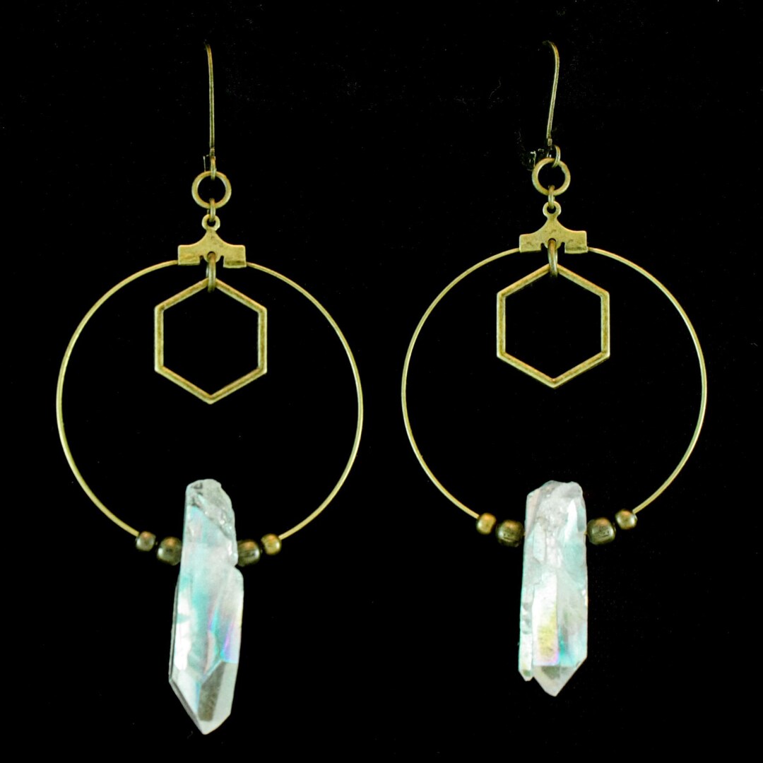 Antique Brass Bee Hive Hexagon Angel Aura Quartz Crystal Oddity Occult Witch Hoop Earrings - Etsy