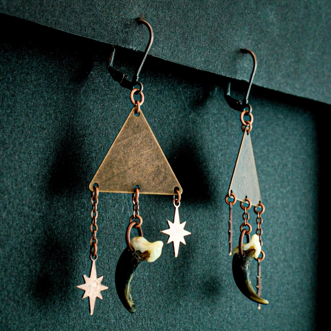 Real Animal Bone Coyote Claw and Starburst Earrings, Antique Copper ...