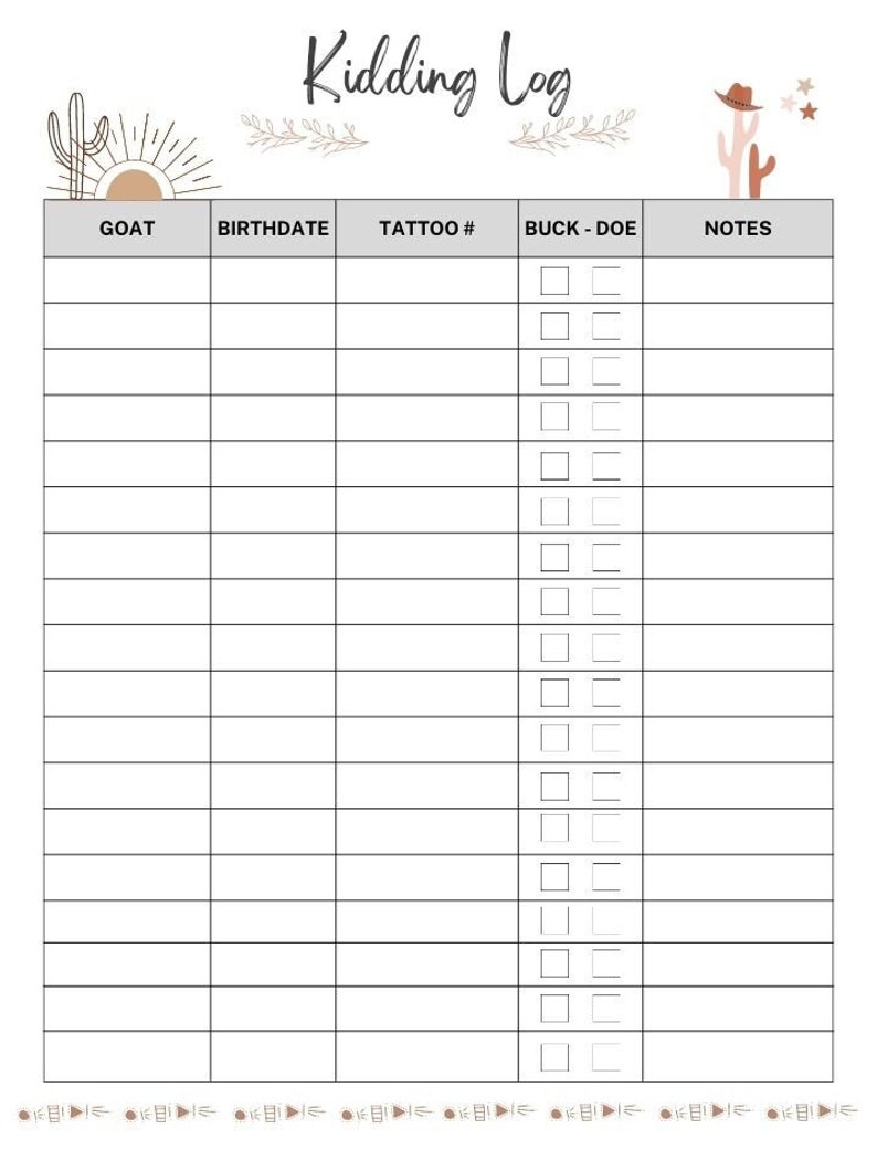 Kidding Log | Goat Records Farm Planner | Western Boho - Etsy