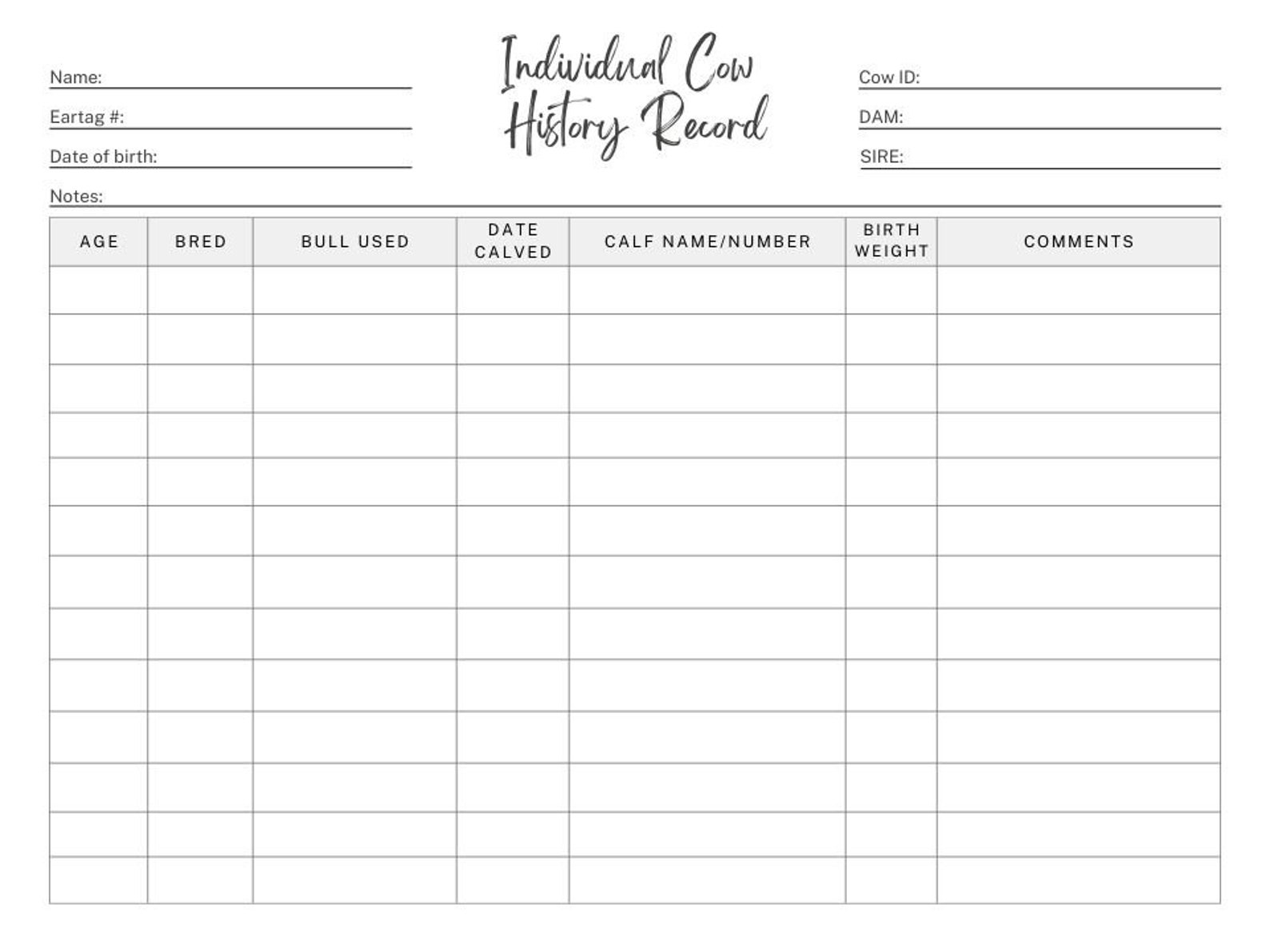 FILLABLE Farm Planner for Cattle Records | |calving, Sales, Year ...