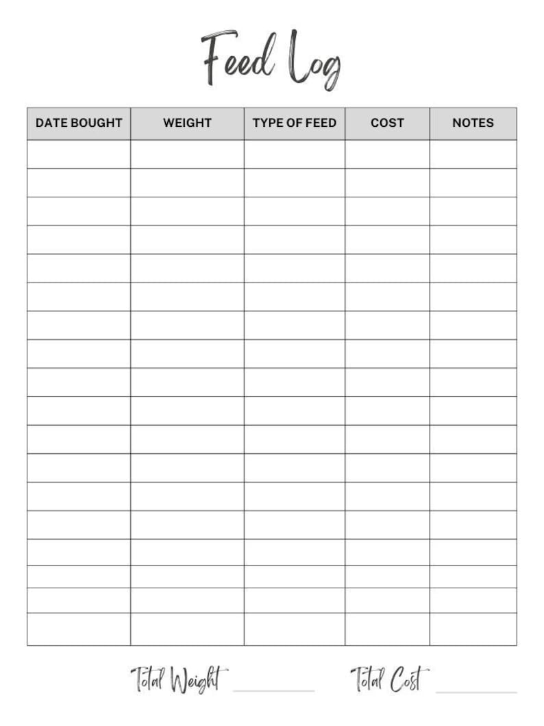 FILLABLE Feed Log | Farm Planner | Farm Printables | Cattle, Chickens ...