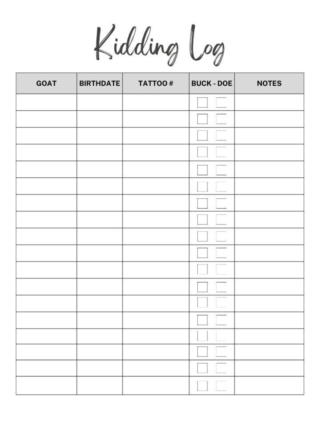 Kidding Log | Goat Records Farm Planner | - Etsy