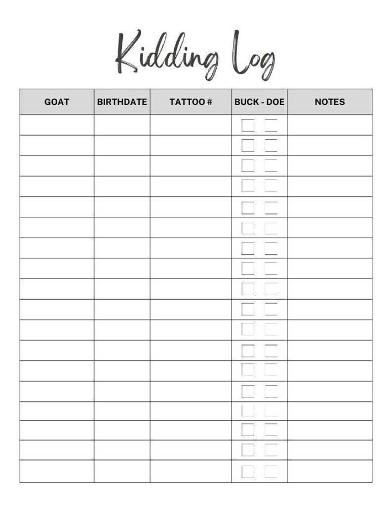 Kidding Log | Goat Records Farm Planner | - Etsy