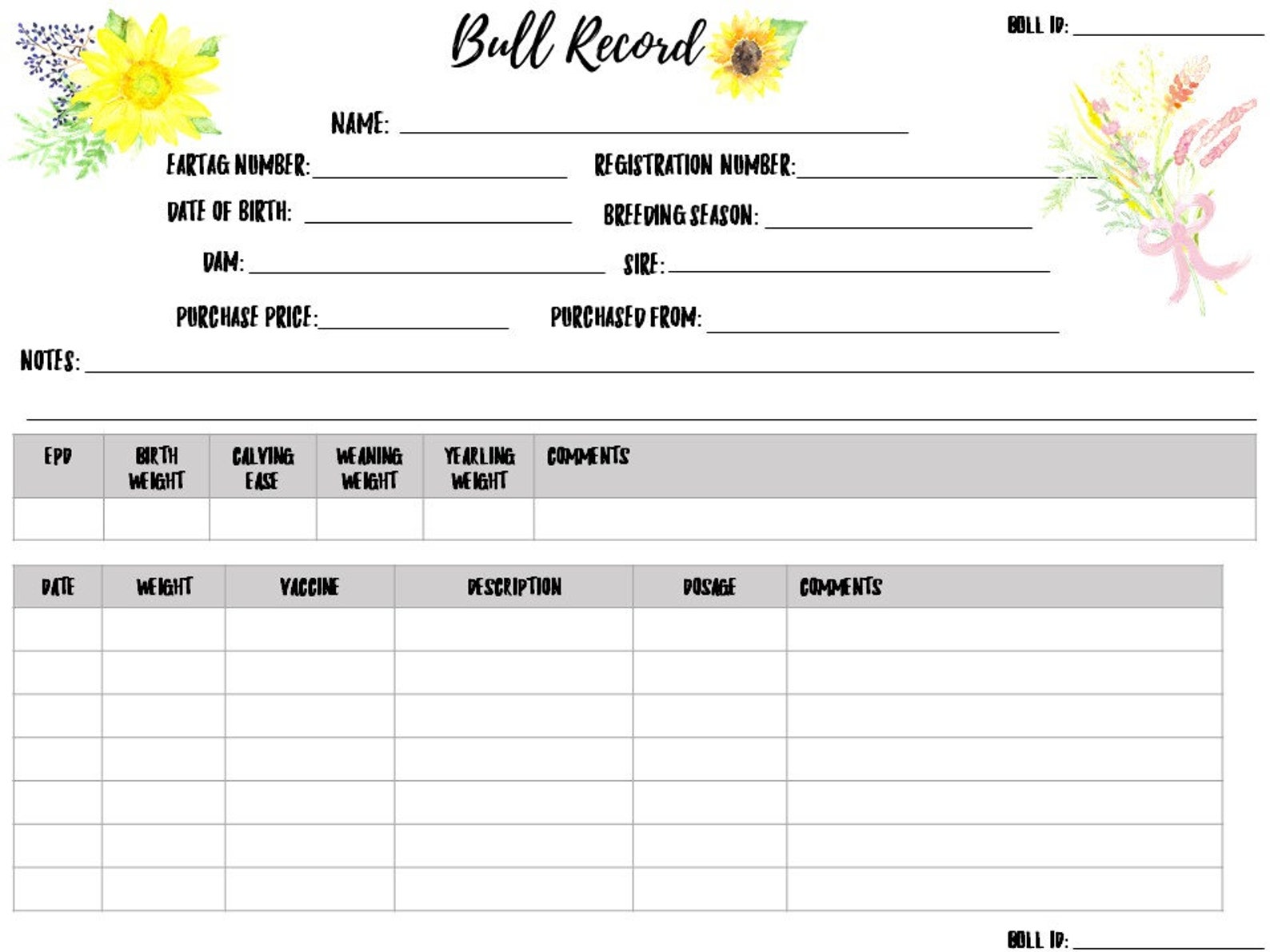 Sunflower Cattle Record | Bull, Cow and Calf Record Sheet | Vaccine ...