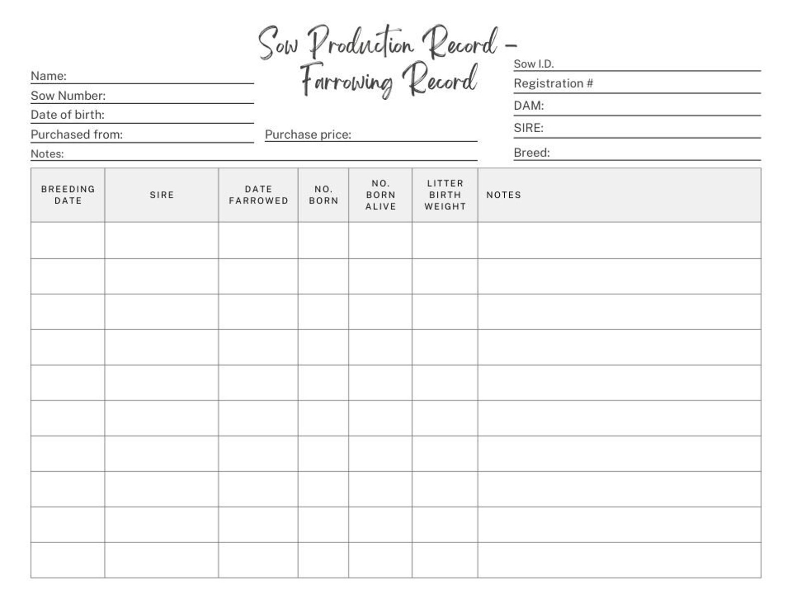 FILLABLE Hog Pack | Farm Planner | Litter Record, Sow Production ...