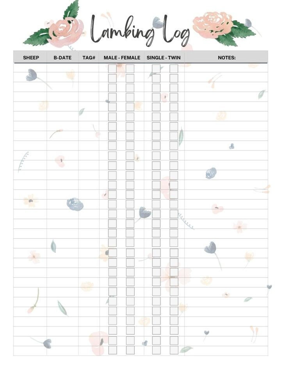 Lambing Log | Sheep Records Farm Planner | Navy and Blush Floral - Etsy