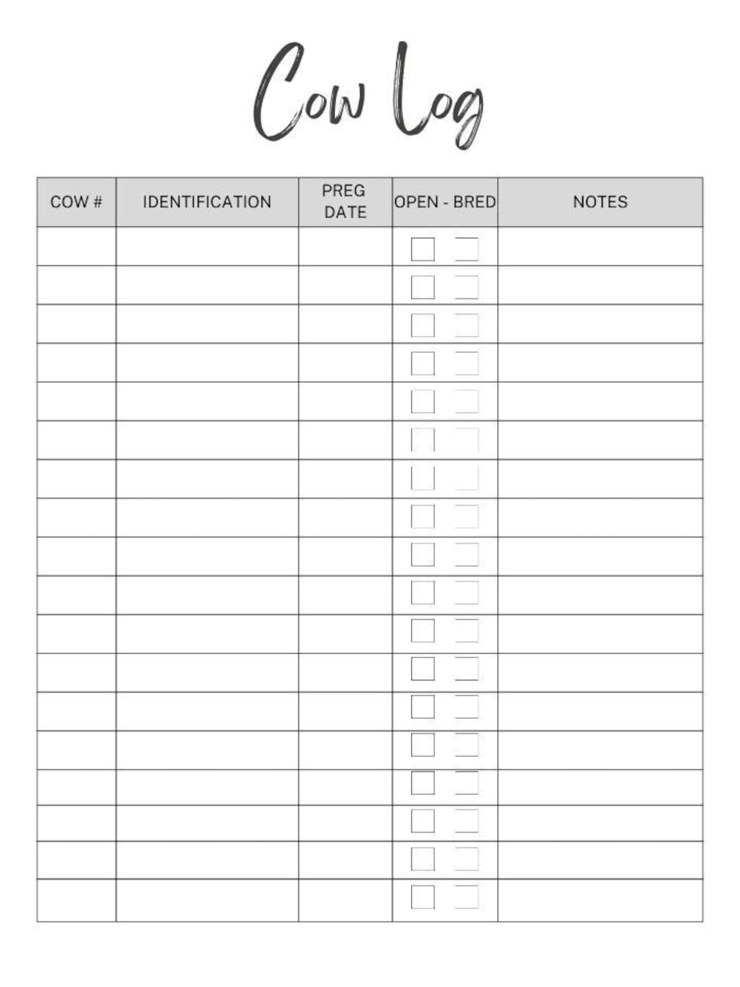 FILLABLE Cow Log | Cattle Records | Track Open or Pregnant, Preg ...